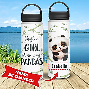 winorax Personalized Panda Water Bottle Just A Girl Who Loves Pandas Sport Bottles Insulated Stainless Steel 12oz 18oz 32oz Travel Cups Gifts for Panda Lovers Birthday Christmas Back To School