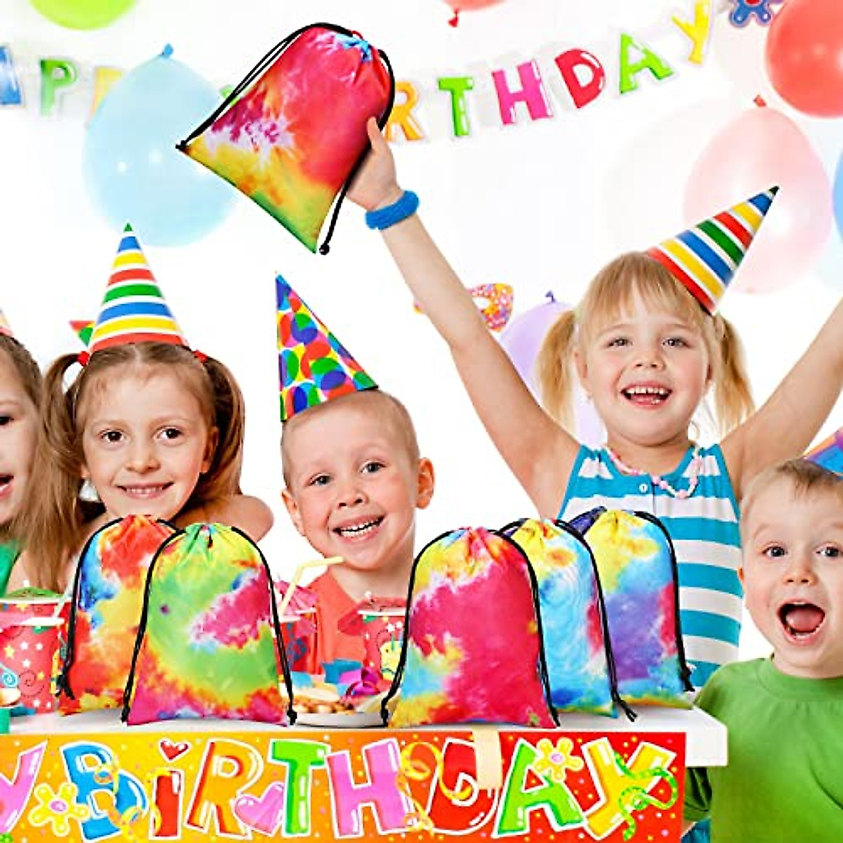 Zhengmy Tie Dye Party Birthday Gift Bags 10 x 7 Inch Treat Goodie Drawstring Favor for Kids Supplies Candy Beach Luau (Graffiti Style, 24 Pack)