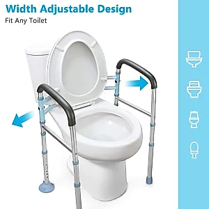 OasisSpace Stand Alone Toilet Safety Rail - Heavy Duty Medical Toilet Safety Frame for Elderly, Handicap and Disabled - Adjustable Bathroom Toilet Handrails, Width Adjustable Design, Fit Any Toilet