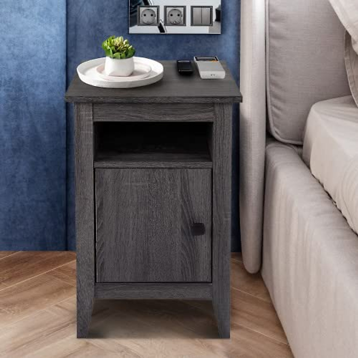 Nightstand with one-Door Storage Cabinet and Open Shelf
