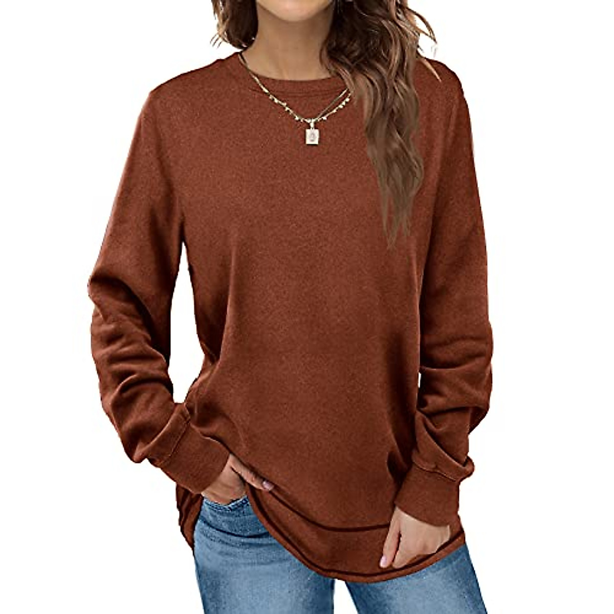 Dofaoo Tunic Tops for Leggings for Women Long Sleeve Shirts Chic Sweatshirt Dressy Caramel L