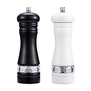 Ousyaah Salt and Pepper Grinder Set, Wooden Manual Salt & Pepper Shakers with Adjustable Coarseness Ceramic Mills, Refillable Grinder Mill Set with Acrylic Visible Window (2x White)