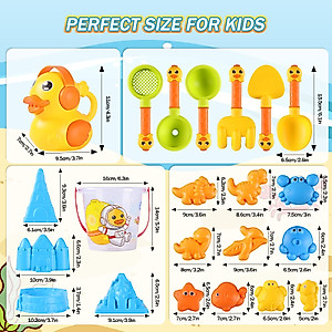FENYAN Beach Toys for Kids, 22Pcs Toddler Sand Toys Includes Beach Bucket, Sand Castle Kit, Duck-Shape Watering Can, Sand Spade, Shovel, Rake, Sieve, Dinosaur Sand Molds for Preschool Boys Girls