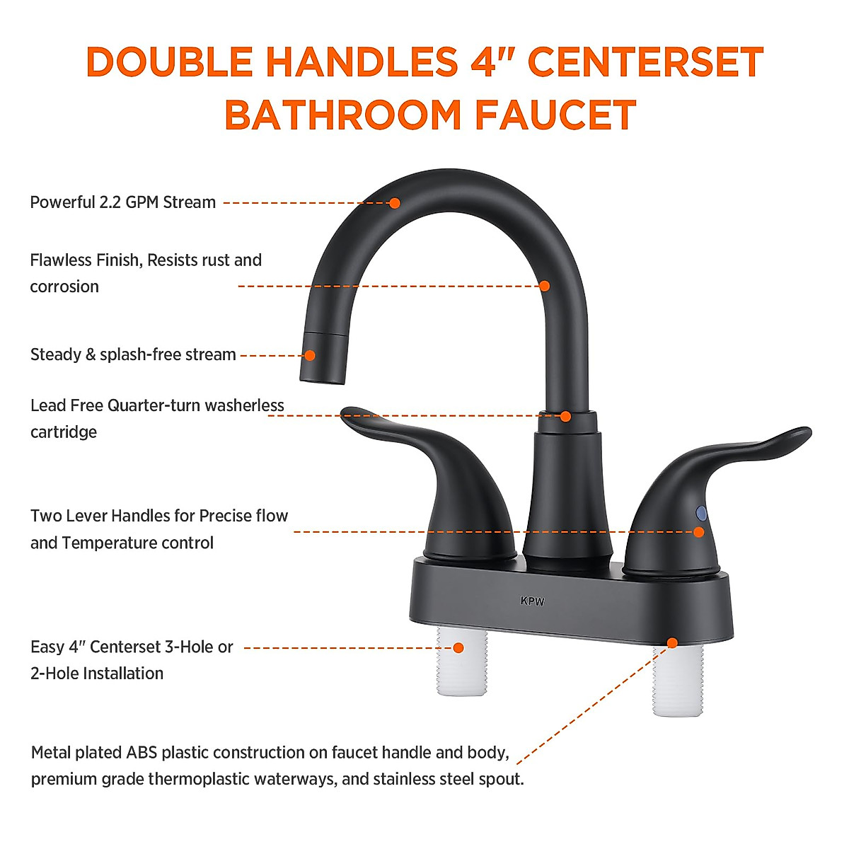 KPW Bathroom Sink Faucet 2 or 3 Hole Matte Black Centerset 4 Inch Bathroom Sink Faucet 2 Handle Plating Over ABS Plastic Non-Metallic Lavatory Bathroom Faucet with Pop up Drain Water Supply Hoses