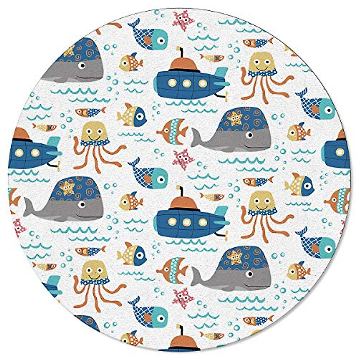 Round Modern Area Rug Mats for Living Room Cute Submarine Whale Fish Octopus Cartoon Ocean Sea Life Pattern Non-Slip Floor Mat Carpet Soft Throw Rug Comfort Accent Rug for Kitchen/Kids Room