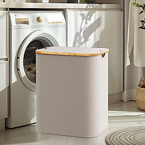 HBlife 145L Extra Large Double Laundry Hamper with Lid and Removable Inner Bag, 2 Section Collapsible Dirty Clothes Basket Organizer for Bathroom, Bedroom and Laundry Room, Light Grey