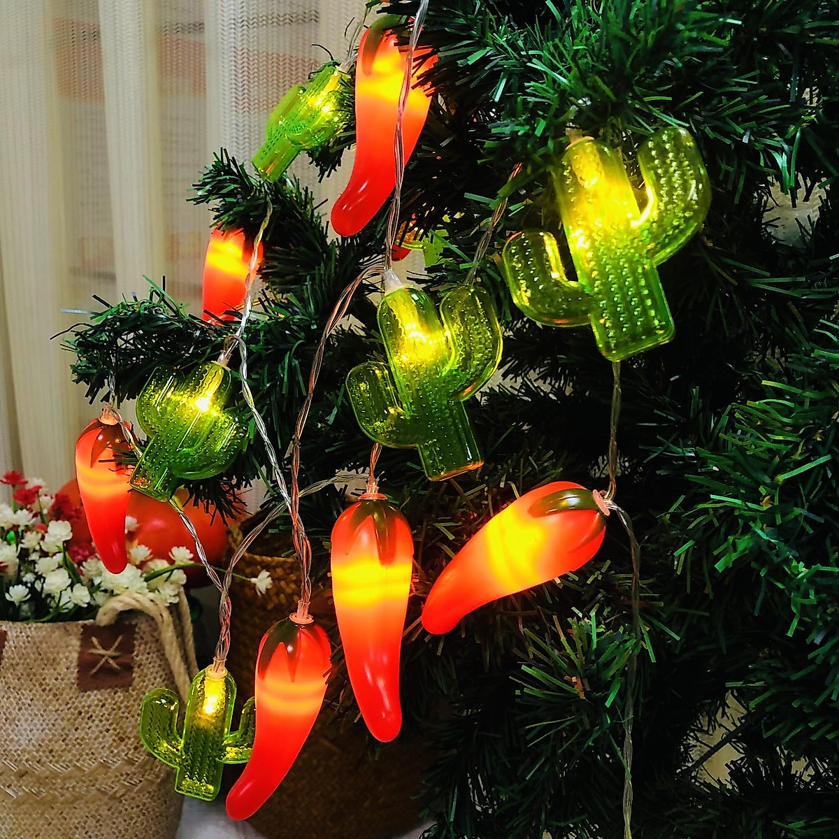 Tropical Themed String Lights Chili Pepper Cactus LED String Lights Battery Powered for Desert Texas Cowboy Wreath Bedroom Wedding Home Party Christmas Decor