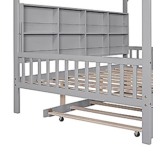 YOPTO Full Size House Bed with Trundle,Pine Wood Playhouse Bed Frame W/Storage Shelf,Front and Rear Guardrails,No Box Spring Needed,Easy Assembly,for Kids,Boys,Girls