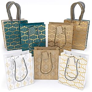 Arteza Gift Bags, 9.5 x7 x 3.4 Inches, Set of 15 with an Assortment of 2 Unique Metallic Foil Designs on 6 Kraft, 6 White, and 3 Blue Paper Bags, 3 of Each Style
