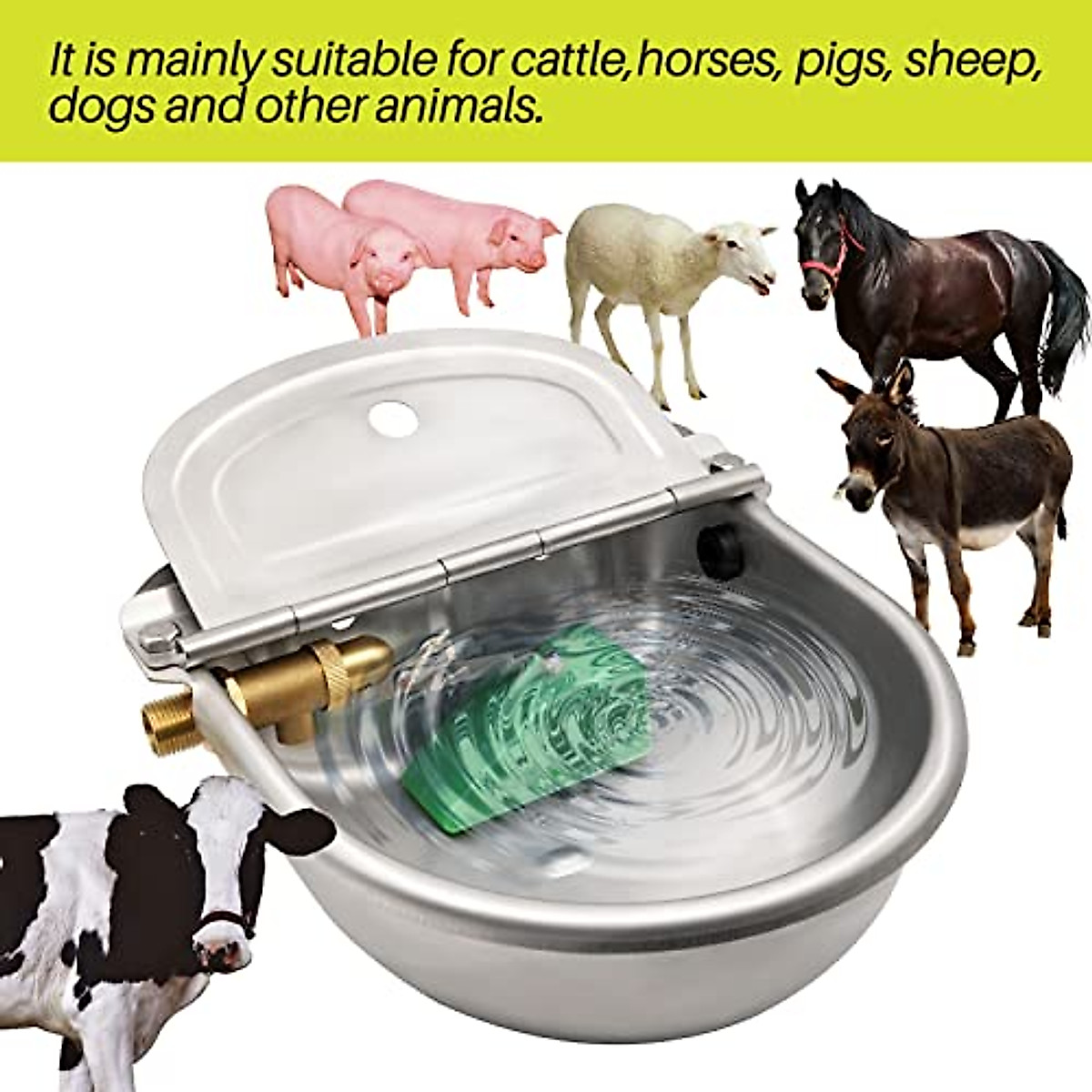 Automatic Waterer Water Bowl with Brass Float Valve Stainless Steel Watering Trough Kits for Livestock Chicken Horse Animal Dogs Cattle Pig Goat, Includes Hose, Brass Connector and Mounting Bolts