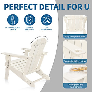 VINGLI Plastic Adirondack Chairs Set of 4, Folding with Cup Holder, Waterproof HDPE Material, Comfortable 380lb Weight Capacity for Outdoor Pool Patio Lounge Chair Lawn Furniture Firepit (White)
