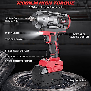 Cordless Impact Wrench 1/2 inch for Milwaukee M18 Battery, 900Ft-lbs(1200N.m) High Torque Brushless Electric Impact Wrench Gun, Power Impact Driver with 4-Mode Speed, LED Work Light(no battery)