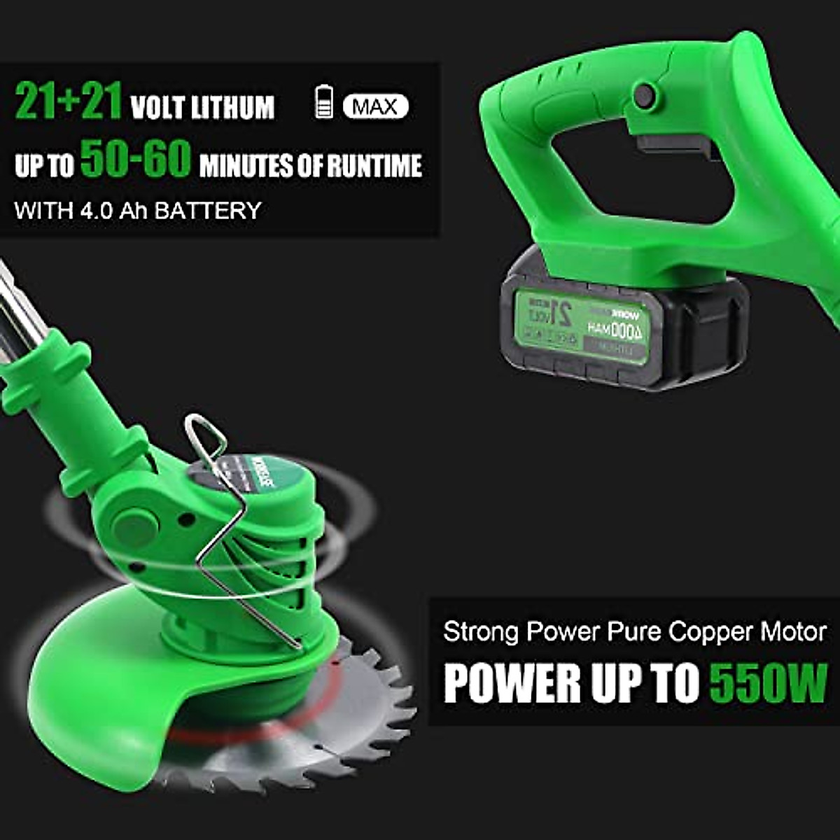 Cordless Weed Trimmer Battery Powered, 21V Lightweight Weed Wacker with 2 Li-Ion Battery, 1 Charger and 11 Cutting Blades, 47 Inch Powerful Weed Eater for Lawn, Yard, Garden, Bush Trimming & Pruning