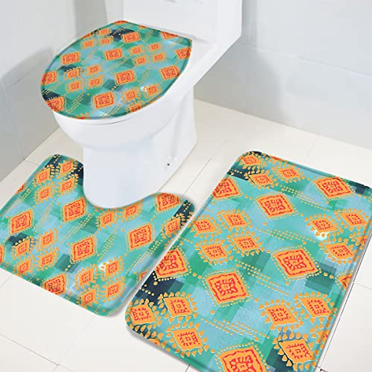 Bath Rugs for Bathroom Set 3 Piece Abstract Diamond Polka Dot on Green Gradient Non-Slip Washable Memory Foam Absorbent Bath Mat Rugs for Tub Shower,U-Shaped Toilet Floor Mats,Toilet Lid Cover