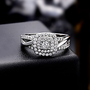 MDFUN Three-in-One ring set Square Halo Wedding Band Set Engagement Ring 18K White Gold Plated Cubic Zirconia Promise ring Eternity Ring for Women Size 8