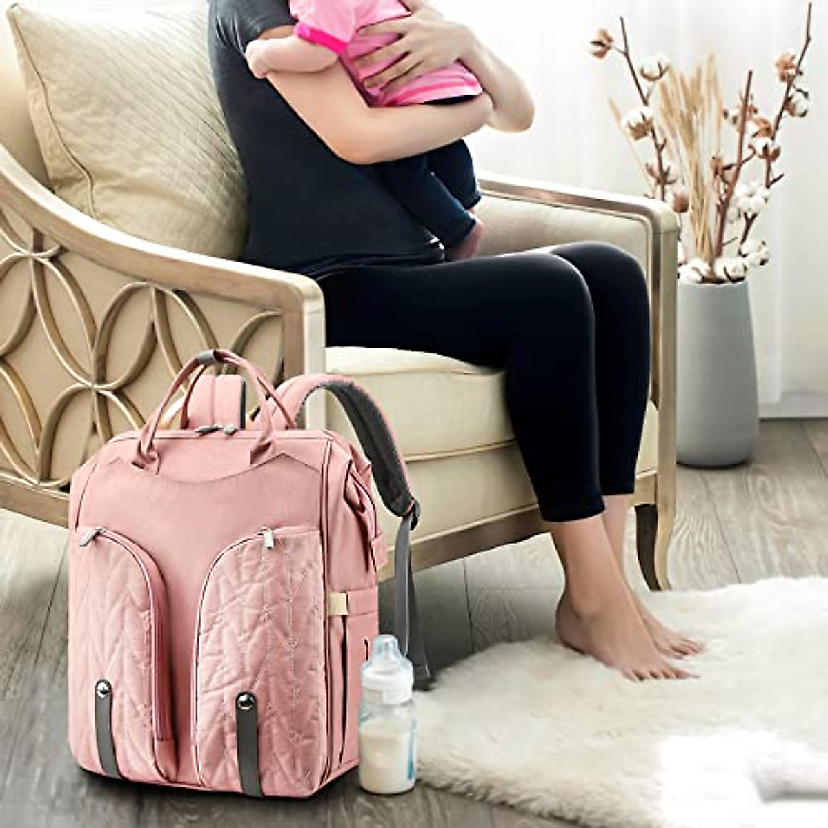 Uguisu Boys and Girls Diaper Backpack,Baby Nappy Bag Backpack,Baby Portable Folding Bed,Baby Large Capacity Multifunctional Diaper Backpack,Baby Gift - Pink