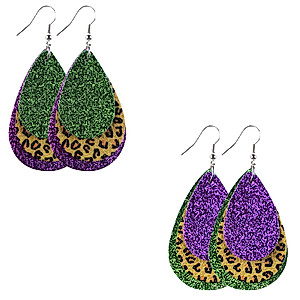 Mardi Gras Earrings for Women, Multilayer Patchwork Leather Earrings, Carnival Theme Pattern Printed Faux Leather Earrings, Mardi Gras Dangle Earrings for Holiday Mardi Gras (A)
