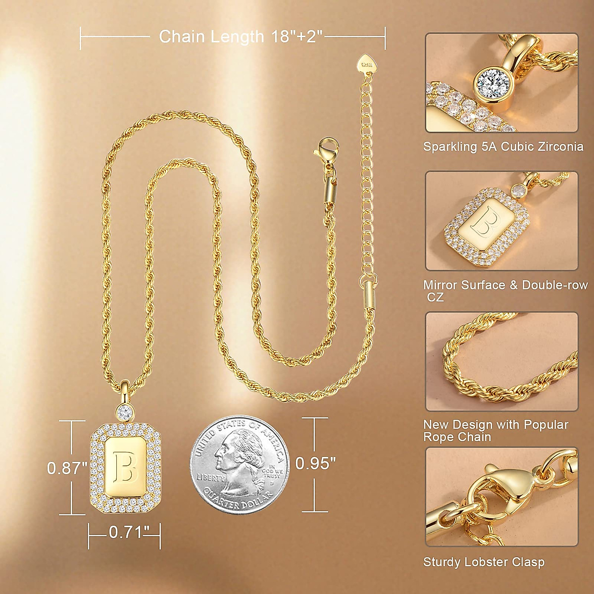 Valentine's Day Gift Gold Initial Necklaces for Women, Letter Necklace for Her Birthday Gift for Friends, Yellow Gold Initial Pendant Necklace with Rope Chain, Gold Plated, Cubic Zirconia