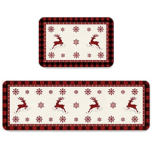 Reindeer Christmas Kitchen Mats Sets 2 Piece, Xmas Deer Red Black Buffalo Check Plaid Kitchen Rugs and Mats Non-Slip Washable Runner Carpets for Christmas Decorations, 15.7" x 23.6" + 15.7" x 47.6"