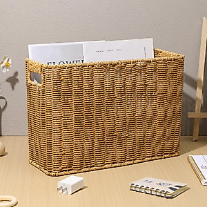 STOBAZA Woven Basket with Handles Magazine Book Storage Basket Bin for Home Office, Handwoven Narrow Basket for Books, Newspaper, File and Mail - 38.00X26.00X15.00CM