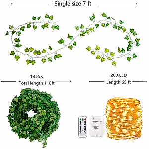 18 Pcs 118ft Artificial Ivy Garland Fake Vines Plants Vine with 200 Led String Lights and Remote Control for Bedroom Garden Home Kitchen Office Outdoor Wall Decor