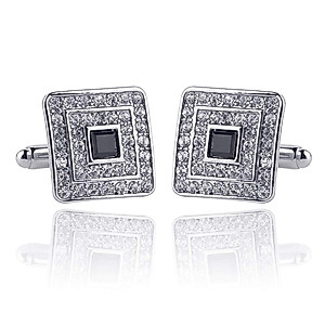Black and Silver Gold Concentric Diamond Clear Crystal Dust Cufflinks, AILUOR Tuxedo Shirt Cufflinks French Style Shirt Studs (Silver)