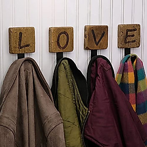 EXCELLO GLOBAL PRODUCTS 4 Coat Hooks: Love Farmhouse Solid Wood with Painted Letters and Steel Hooks. Ready to Mount on Wall.