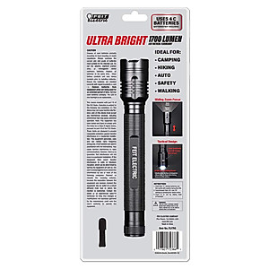 Feit Electric LED Tactical Flashlight - Aluminum Alloy - Zoomable Strike Bezel; Illuminate up to 1,000 feet - Adjustable Brightness 600 to 1700 Lumen | Requires 4-C Batteries