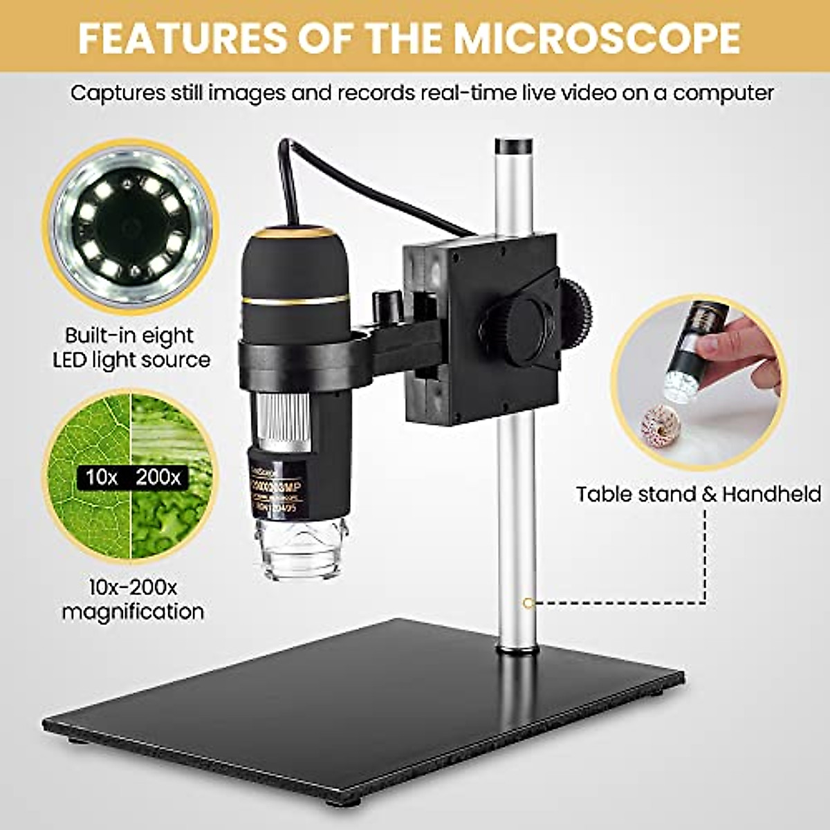 Amscope UTP200X003MP Digital 2MP USB Microscope, 10X-200X Magnification, Built-In Eight LED Light Source, Table Stand, Includes Software CD, Black