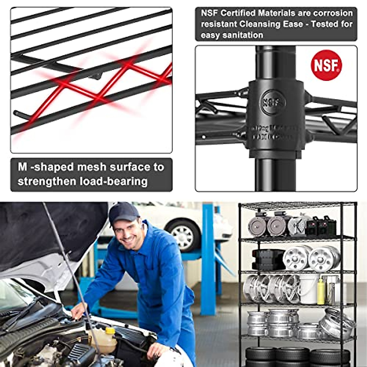 Dlewmsyic 6 Tier Storage Shelves, 5999 Lbs Capacity Metal Shelf with Wheels Height Adjustable NSF Certification 48" L×18" W×72" H Heavy Duty Wire Shelving Units for Garage Pantry Kitchen Rack, Black