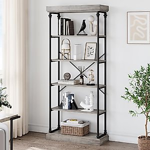 IDEALHOUSE Industrial Bookshelf Wood Bookcase 6 Tier Storage Open Rack Shelf with Metal Frame Rustic Tall Standing Bookshelves Large Grey Display Rack for Bedroom,Living Room and Home Office