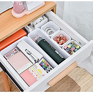 Desk Drawer Organizer Tray Set, 6 Pieces Plastic Interlocking Organizer Bins for Divider and Storage Office Storage Bins Container for Kitchen Bathroom Makeup Office Vanity Bedroom Dresser White