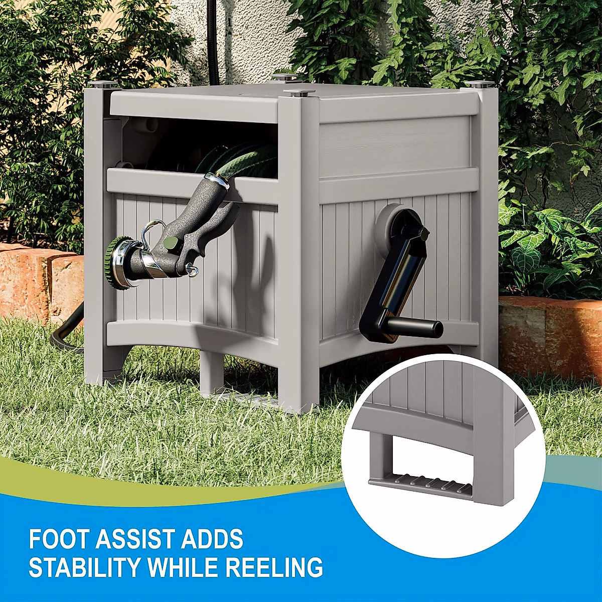 Hose Reel Resin Hose Reel Cart 100 ft Outdoor Hose Storage Reel with Crank Handle, Lid, and Slide Trak Guide 100' Hose Capacity