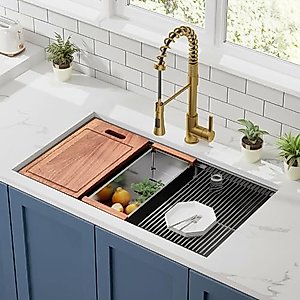 33 inch Gunmetal Black Stainless Steel Undermount Kitchen Sink - CELAENO 33x19 Handmade 16 Gauge Single Bowl Workstation Sink, 10 Inch Deep Modern Kitchen Sink is equipped with various accessories