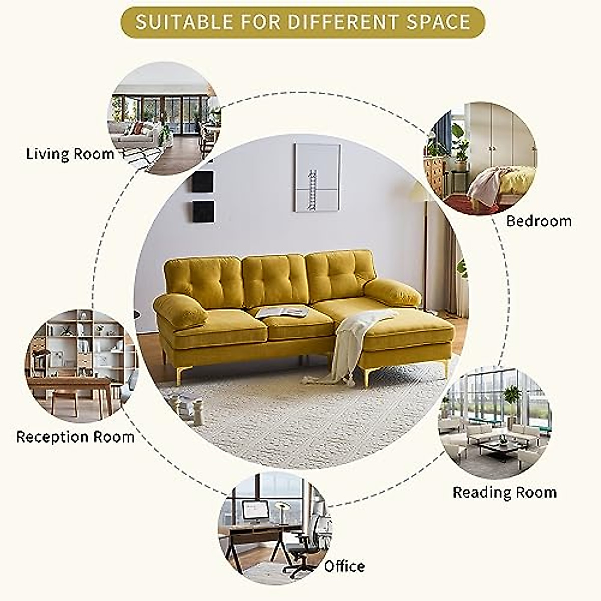 Merax 83.07" Modern Sectional Sofas Couches Velvet Upholstered L Shaped Couches for Living Room, Bedroom,Office,Yellow