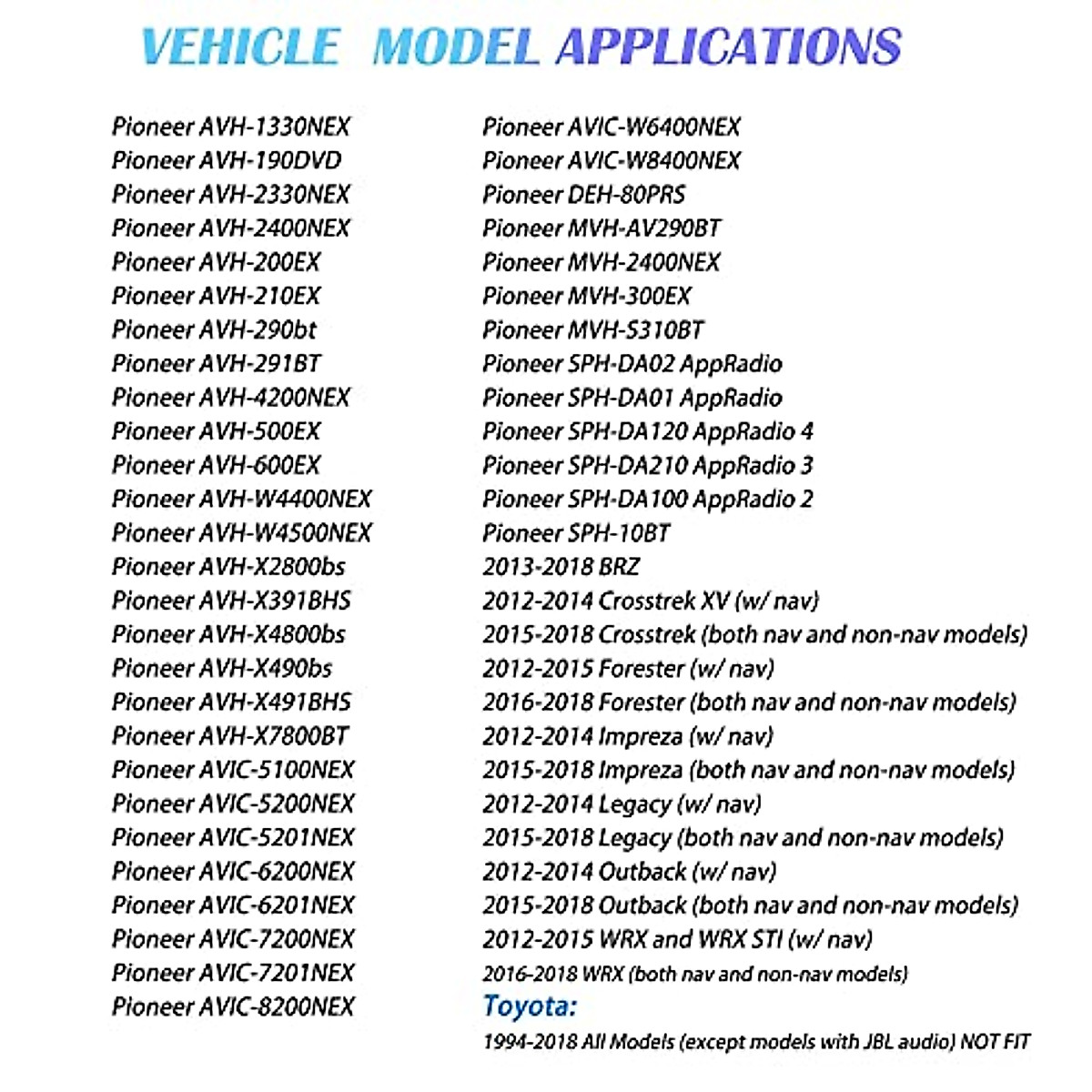Radio Wiring Harness Pioneer Headunits Compatible with Toyota| Fits for All Non-JBL Toyota and Scion Models 1987-17(Does not Fits for JBL Cars) | Fits for 2016-19 Models (All BRZs)