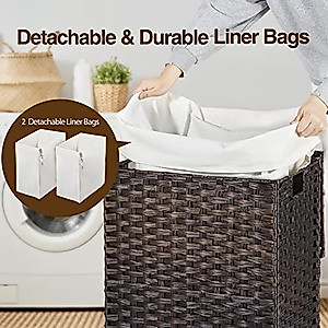 GREENSTELL Laundry Hamper with Lid, 90L Clothes Hamper with 2 Removable Liner Bags & 2 Mesh Laundry Bags, Handwoven Synthetic Rattan Laundry Basket for Clothes, Toys in Bathroom, Bedroom Brown