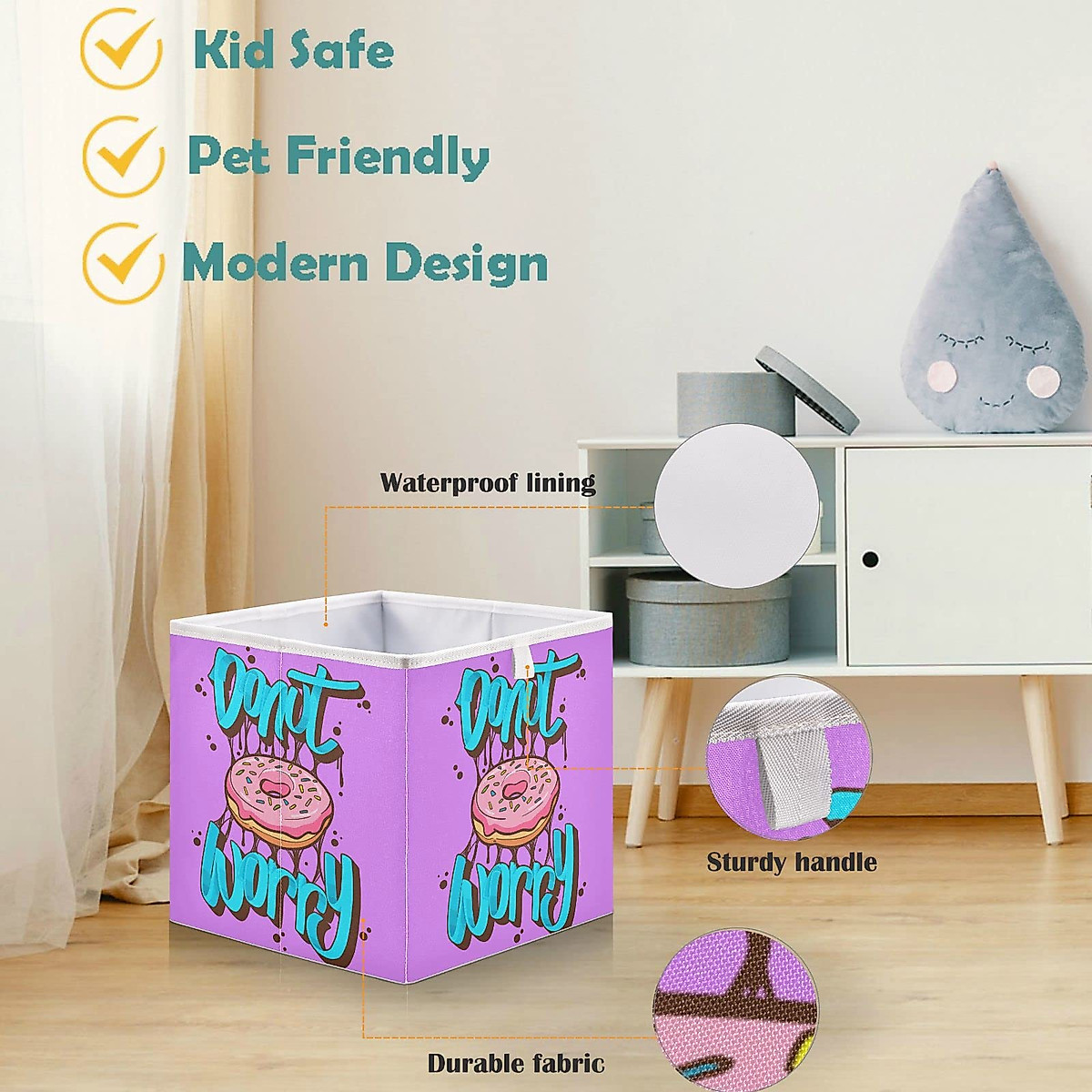 visesunny Closet Baskets Donut Worry Storage Bins Fabric Baskets for Organizing Shelves Foldable Storage Cube Bins for Clothes, Toys, Baby Toiletry, Office Supply