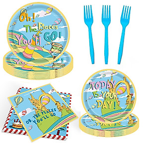 Generic 80PCS Oh The Places You'll Go Party Decorations Dr Seuss Party Decorations Oh The Places You'll Go Party Plates Napkins Forks Tableware Set for Kids Graduation Party