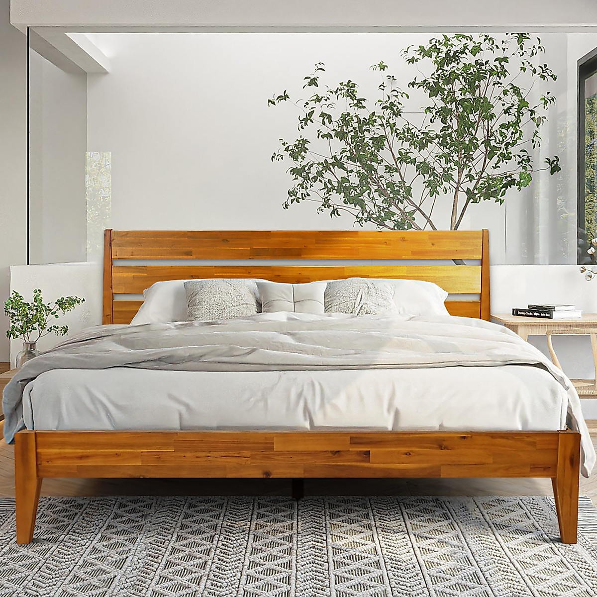 Acacia Emery Bed Frame with Headboard 100% Solid Wood Platform Bed, Mid Century Modern Wood Bed Compatible with All Mattresses, Non-Slip and Noise-Free, 30 Mins Assembly, King Size Bed Frame, Caramel