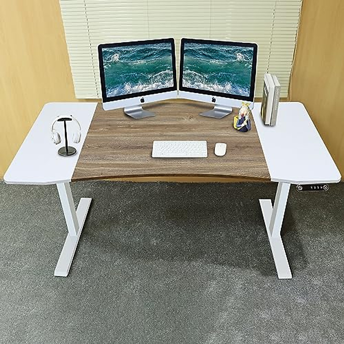 Dual Motor 63x30 Height Adjustable Electric Standing Desk,Height Stand Up Computer Desk,Sit Stand Home Office Desk with Splice Board, White and Oak Top, White Frame