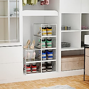 WAYTRIM Stackabke Clear Shoe Box 4 Pack Foldable Shoe Storage Boxes Dorp Front Shoe Organizer Clear Plastic Shoe Containers Fit to Women Size 13 Clear White