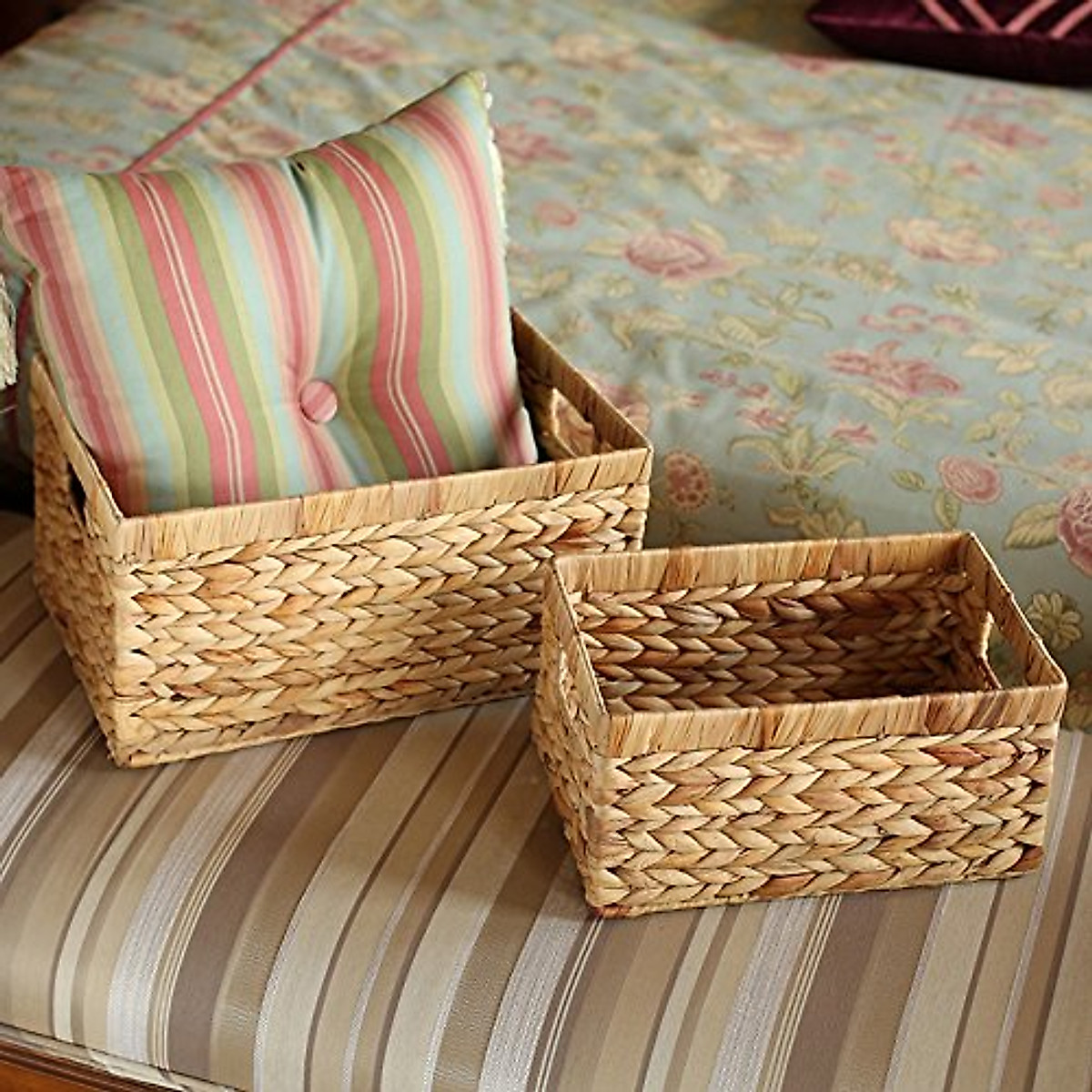 Storage Baskets,Woven Natural Water hyacinth Box with Handle,Kingwillow.(Set of 3)