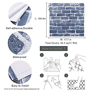 Timeet Brick Wallpaper Peel and Stick Wallpaper Blue Self-Adhesive Wallpaper 17.7" x 197" Removable Wallpaper Faux Brick Wallpaper for Bedroom Living Room Decor Vinyl Roll