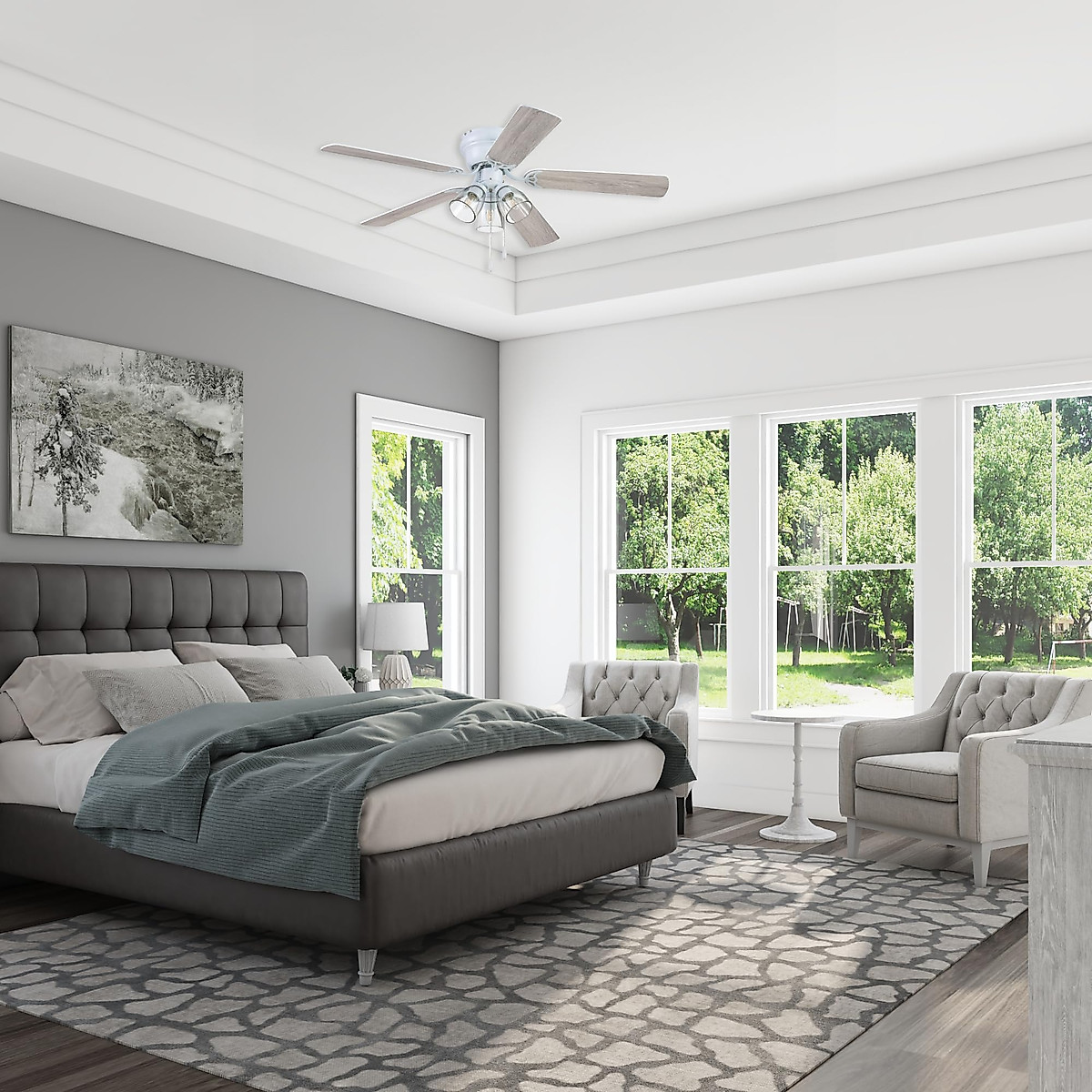 Portage Bay Ceiling 52" Renton White Indoor Fan with Clear 3 Light LED Multi Arm E26/B11 Bulb and Pull-Chains, Traditional Style, 5 Reversible Gray Oak Blades, 51441, 52 Inch