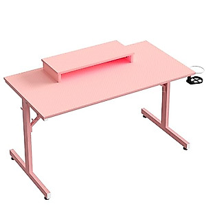 Bestier Small Gaming Desk with Monitor Stand, 42 inch LED Computer Desk, Gamer Workstation with Cup Holder & Headset Hooks, Modern Simple Style Desk for Home Office, Carbon Fiber Pink