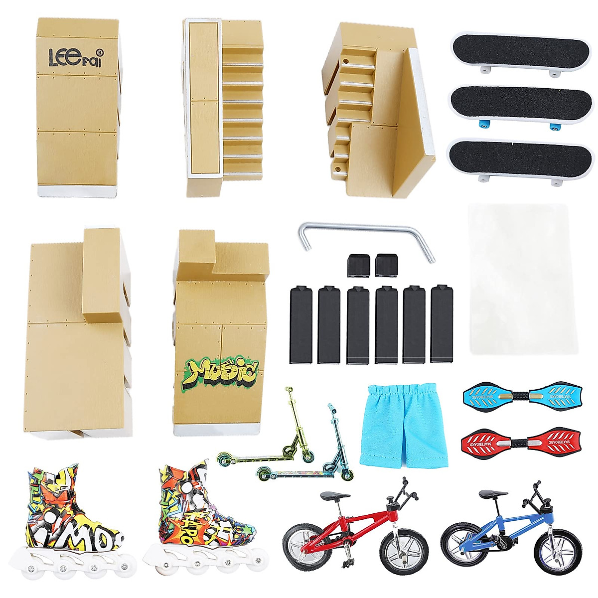 Loving Skate Park Kit, Skate Park Kit Ramp Parts for Finger Skateboard Park Kit Part Training Props with 3 Finger Decks 2 Finger Bike 1 Pair Skates and 2 Scooters and More