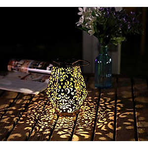 WSgift 2 Pack Hanging Solar Lantern Metal LED Table Lamp Outdoor Solar Hollow-Out Lights with Handle, 6 lumens, 5.5 x 5.5 x 7.5 Inch, Antique Bronze