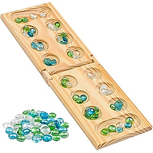 Regal Games - Wooden Mancala Board Game Set - Portable Foldable Wooden Board, 48 Glass Mancala Stones, and Mancala Instructions - for Large Groups, Parties, Travel, Family Events, Adults, and Kids