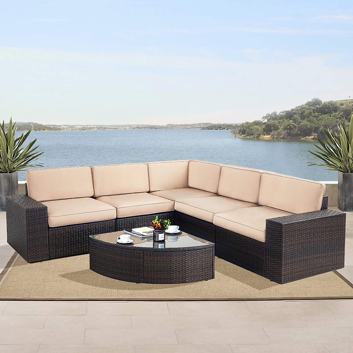 Patiomore 6 Pieces Outdoor Patio Furniture Sets, All-Weather Wicker Rattan Chair Conversation Sectional Sofa with Tempered Glass Table, Brown